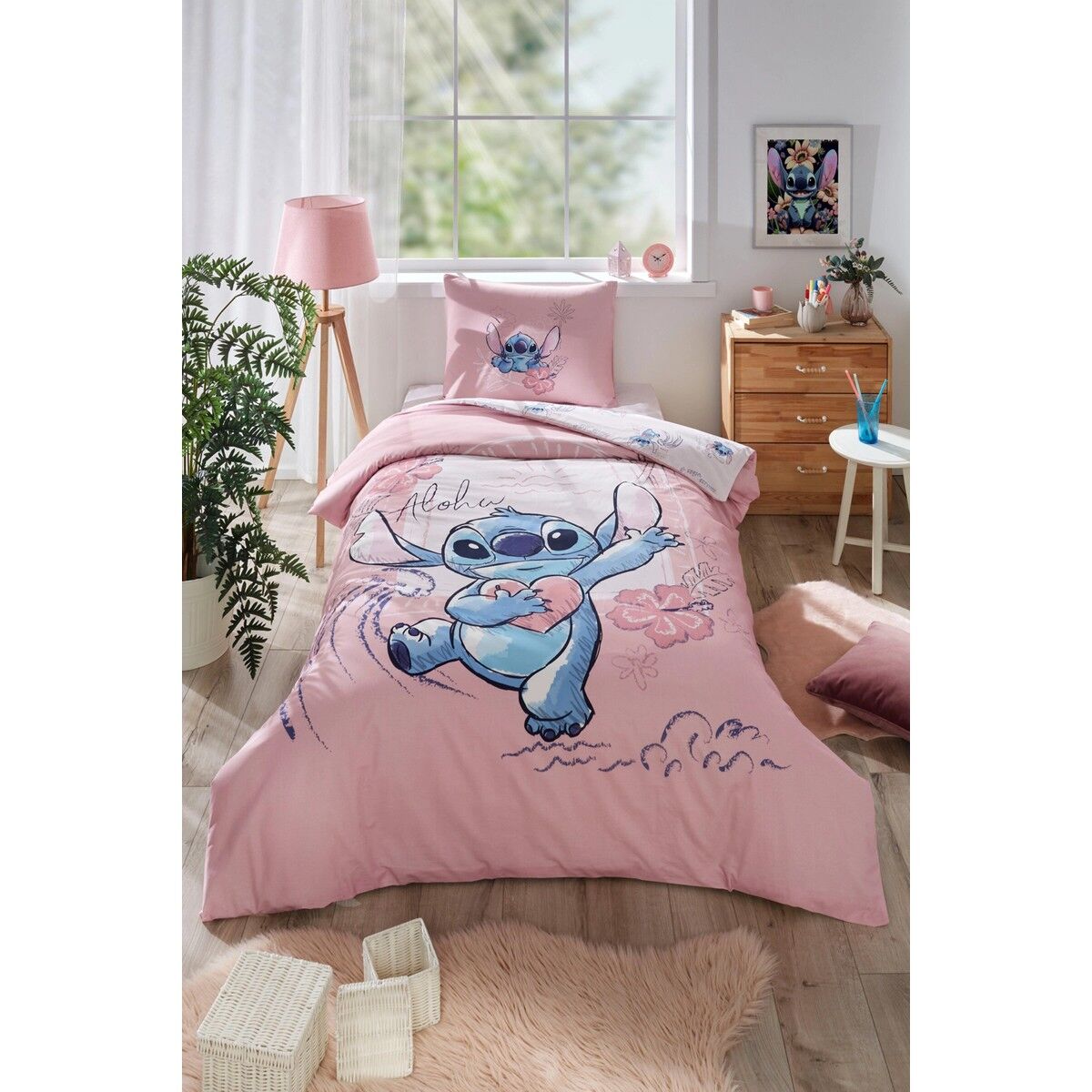 ÖZDİLEK STİTCH ALOHA TEK KİŞİLİK LİSANSLI NEVRESİM TAKIMI PEMBE